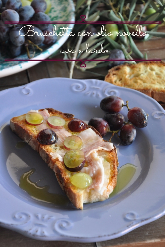 Bruschetta olio novello, uva e lardo di Arnard – Lavanda Peperina